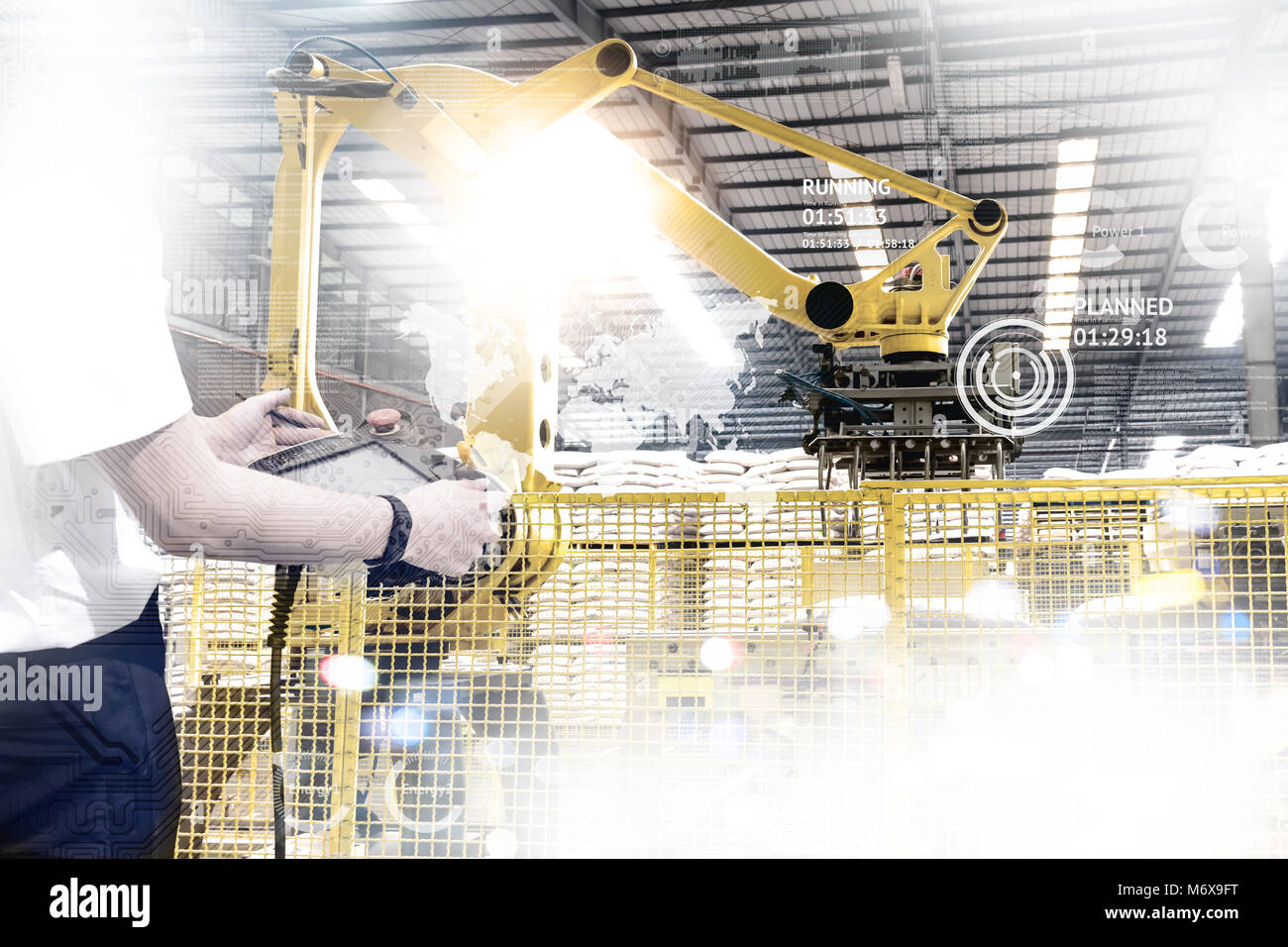 Engineer Hand Using Tablet With Machine Real Time Monitoring System Software Automation Robot