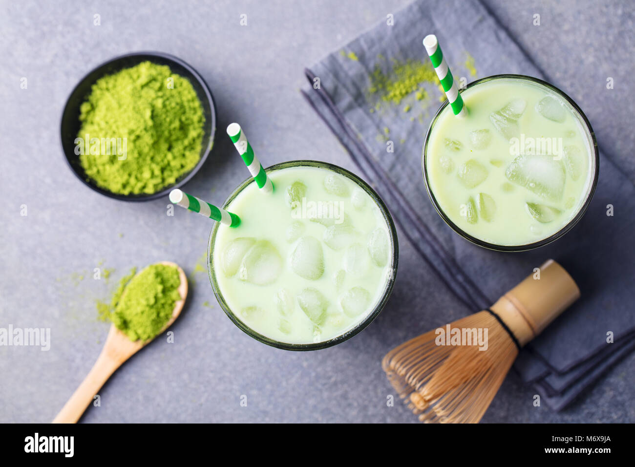 Matcha green tea ice latte, matcha powder Top view Stock Photo - Alamy