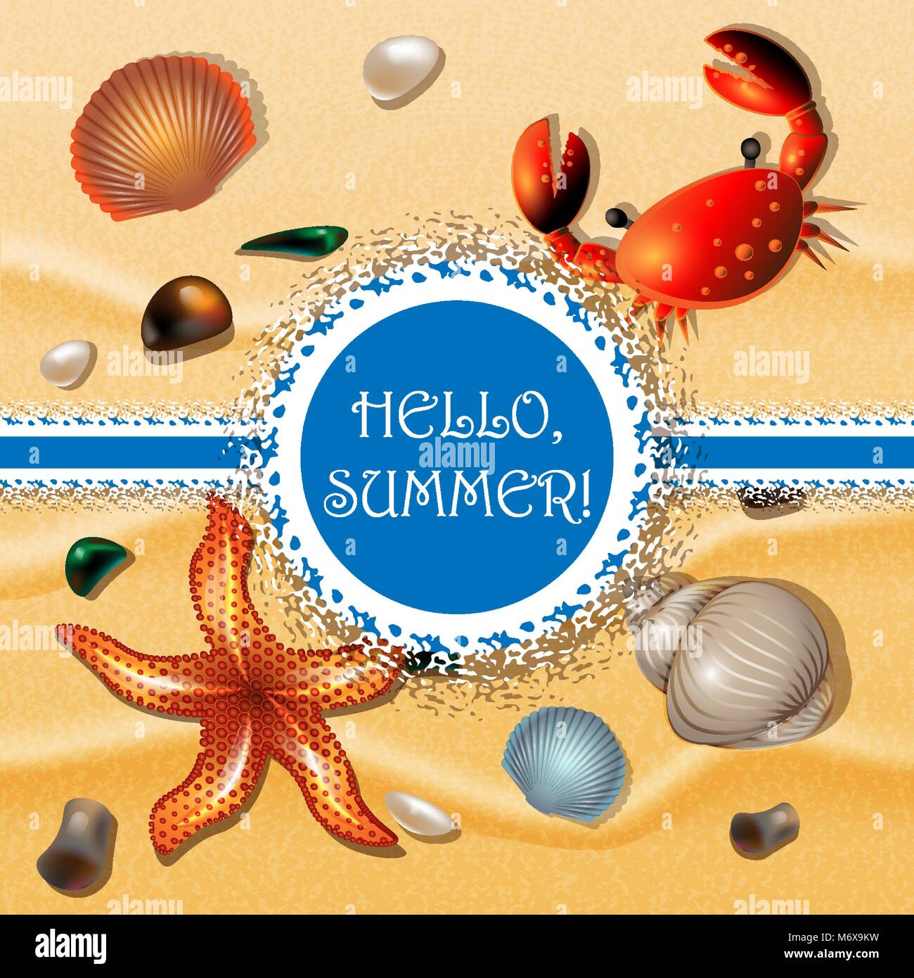 Hello, summer. Shells, crab and starfishes on sand background. Vector ...