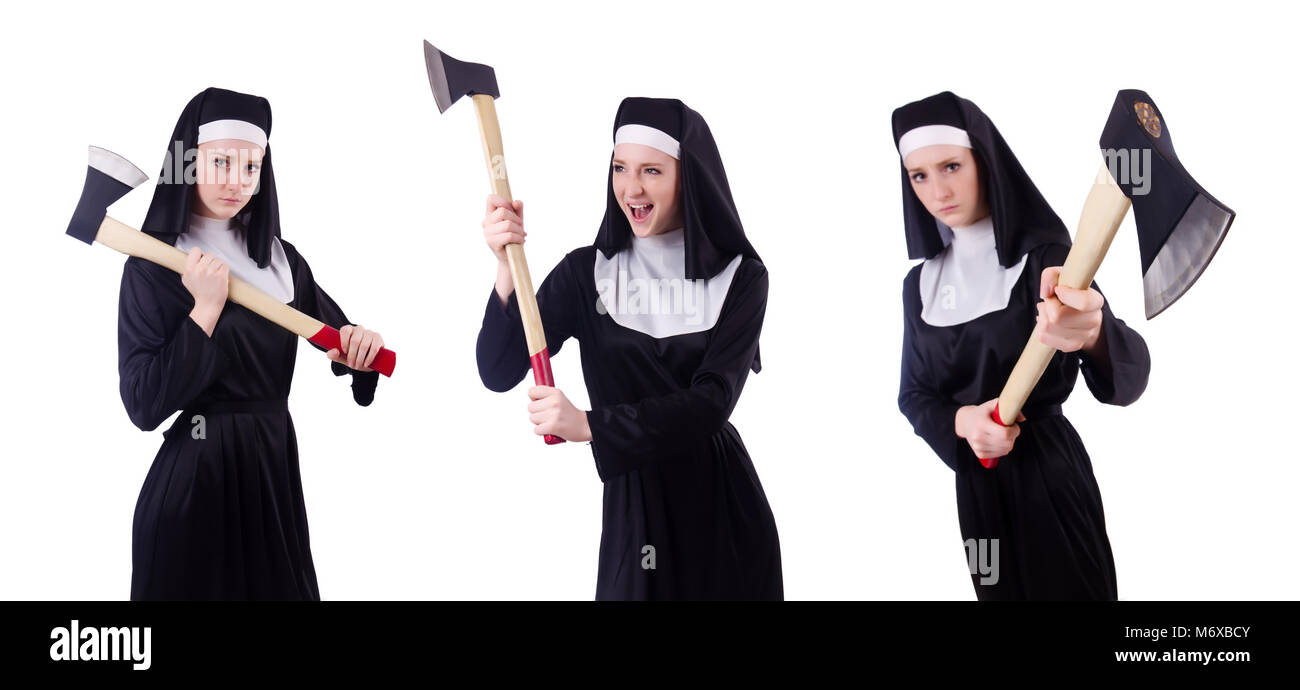 Nun with axe isolated on white Stock Photo - Alamy
