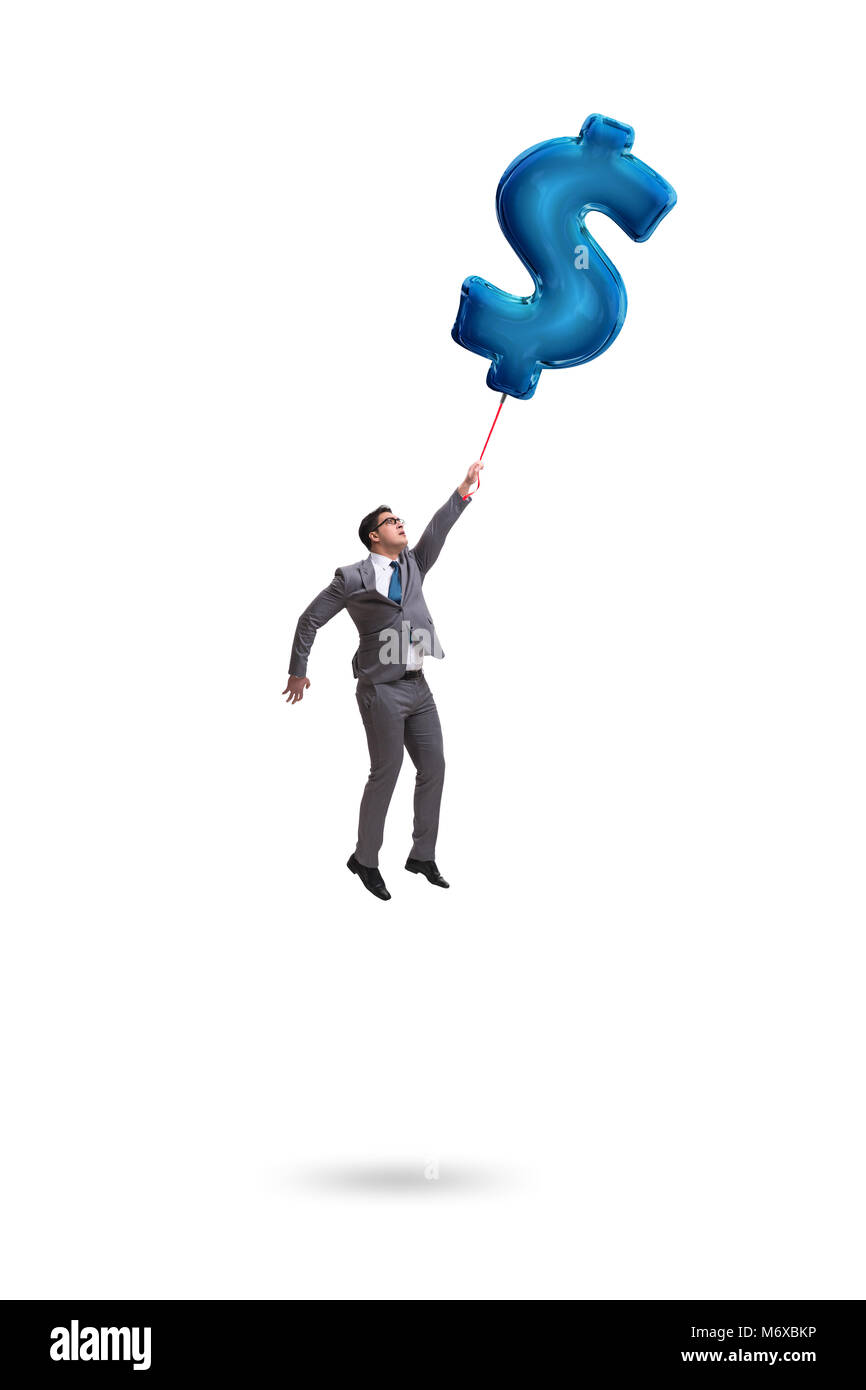 Businessman flying on dollar sign inflatable balloon Stock Photo - Alamy
