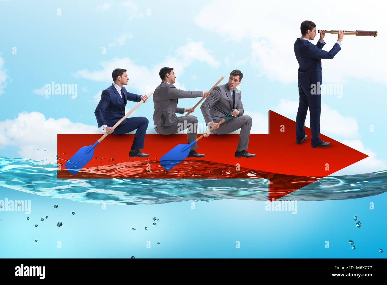 Teamwork concept with businessmen on boat Stock Photo - Alamy