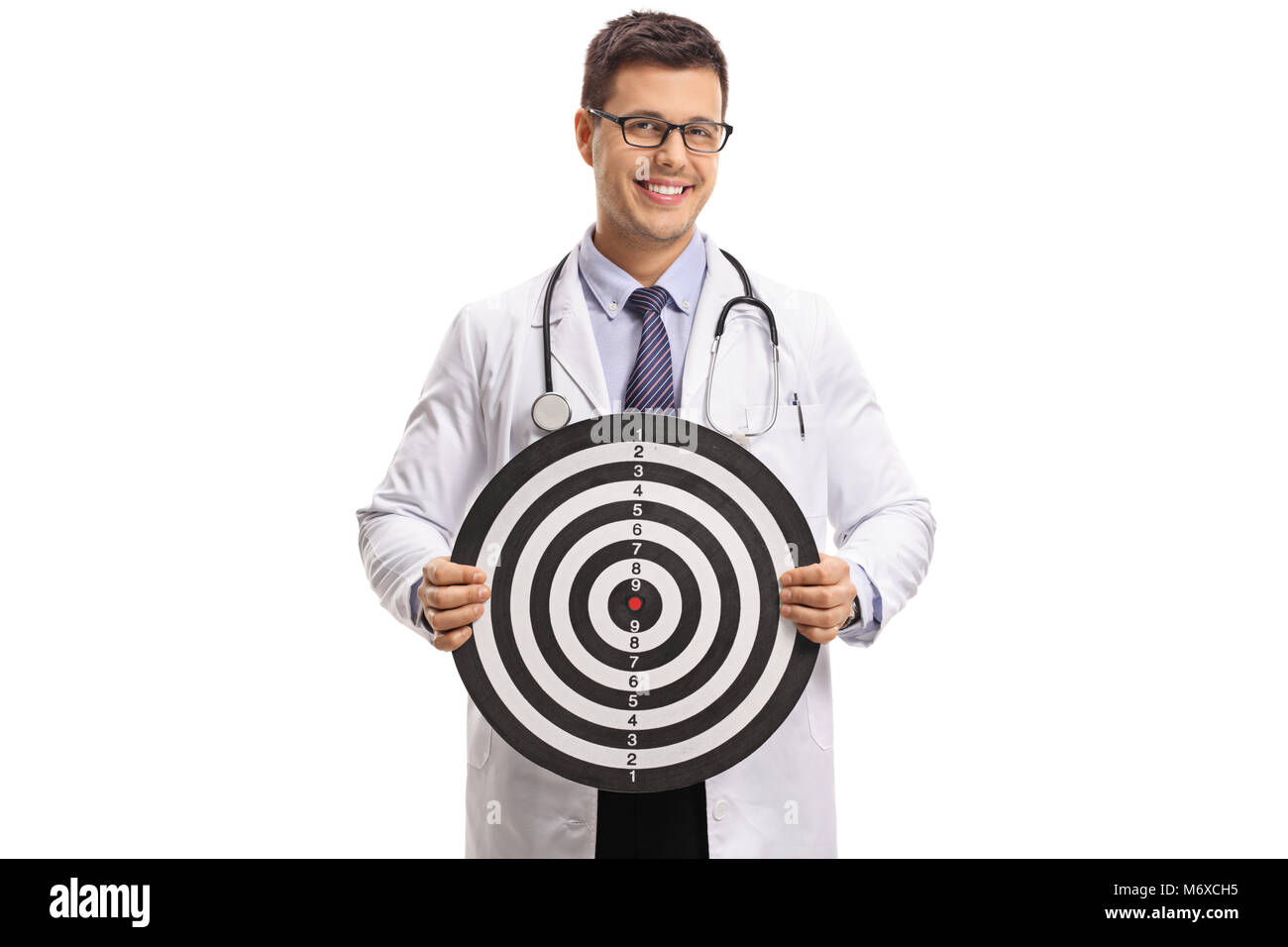Doctor holding a target looking at the camera and smiling isolated on ...