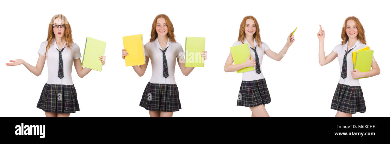 Young student female pointing isolated on white Stock Photo - Alamy