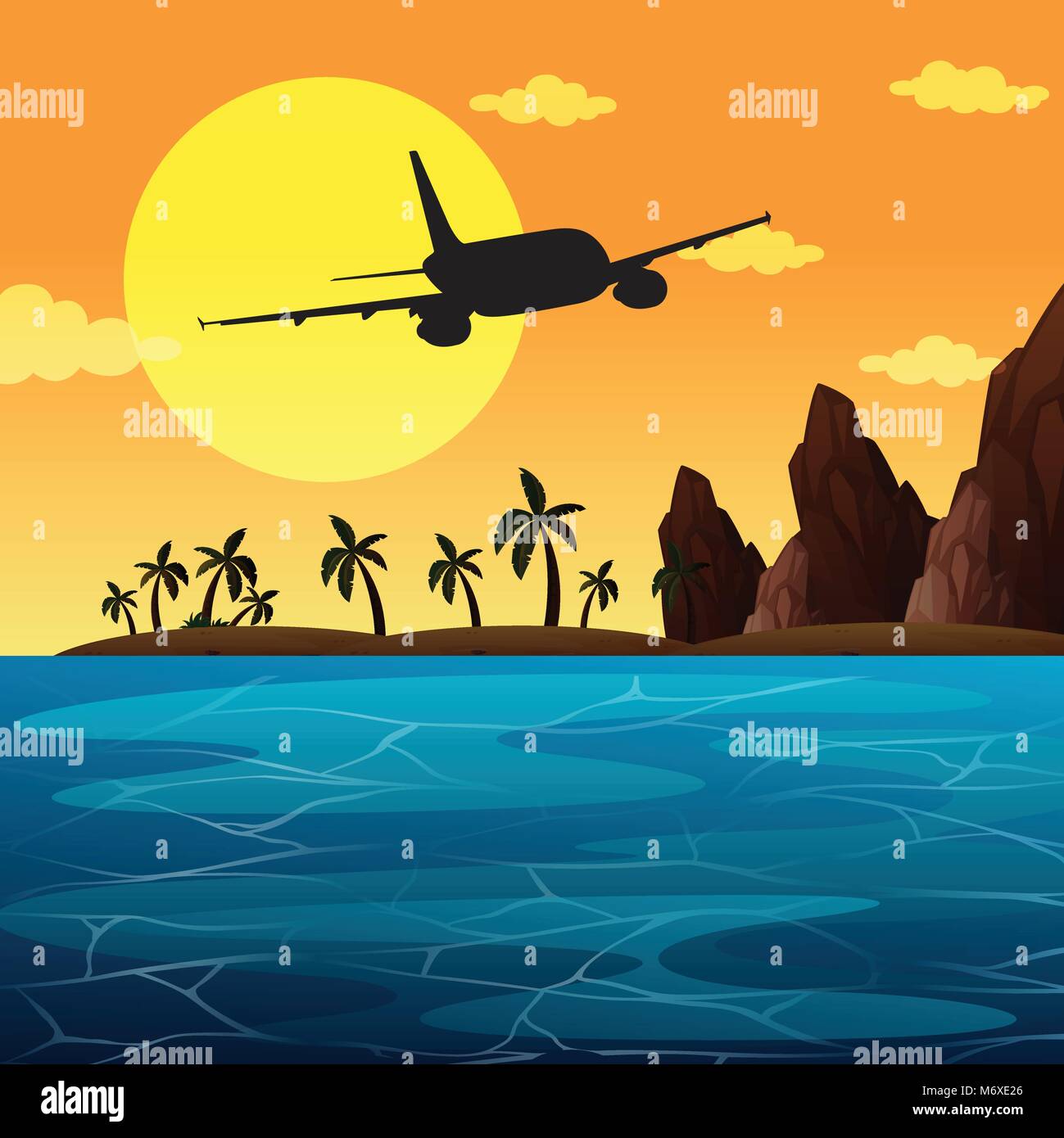 Background scene with airplane flying over ocean illustration Stock ...