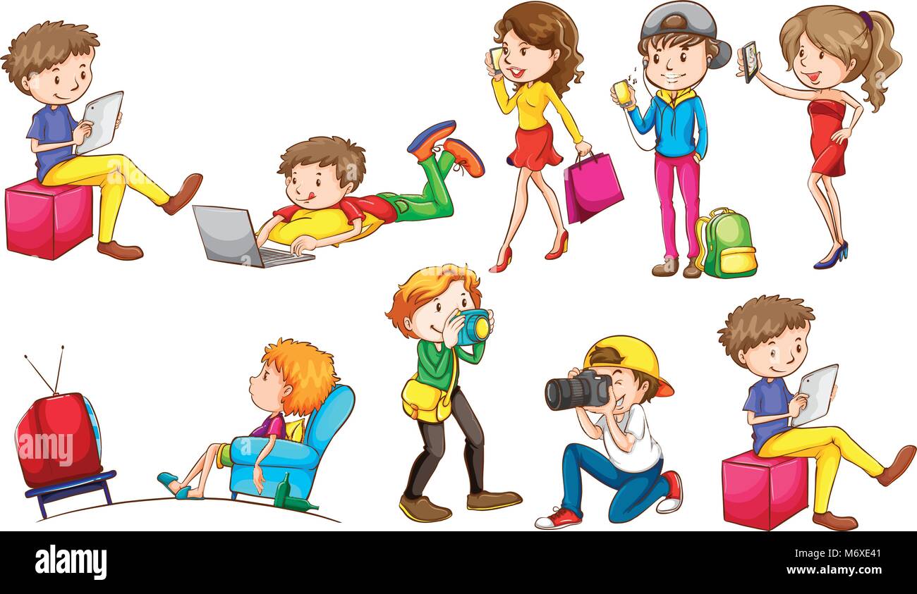 People doing different activities on white background illustration ...