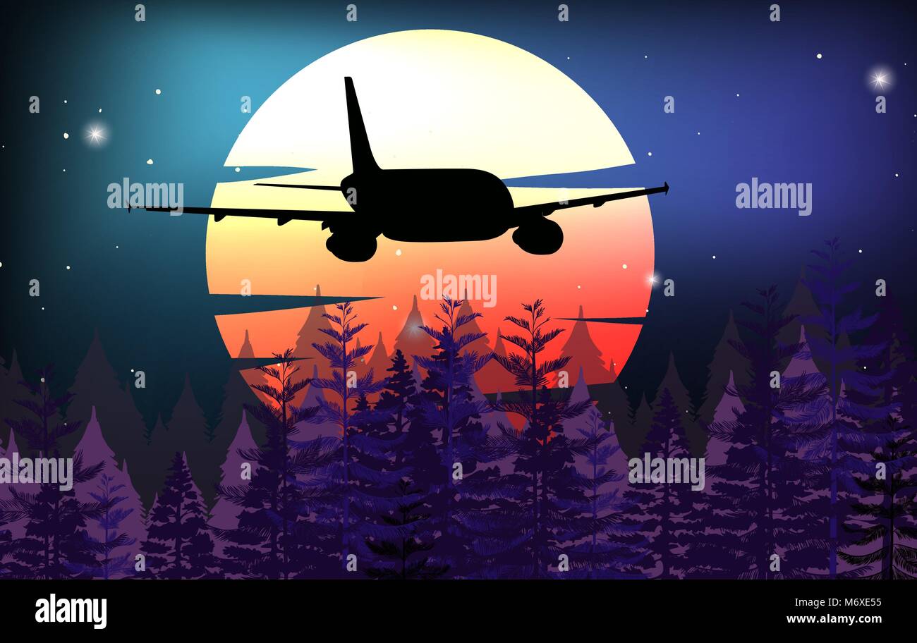 Background scene with airplane flying over forest illustration Stock ...