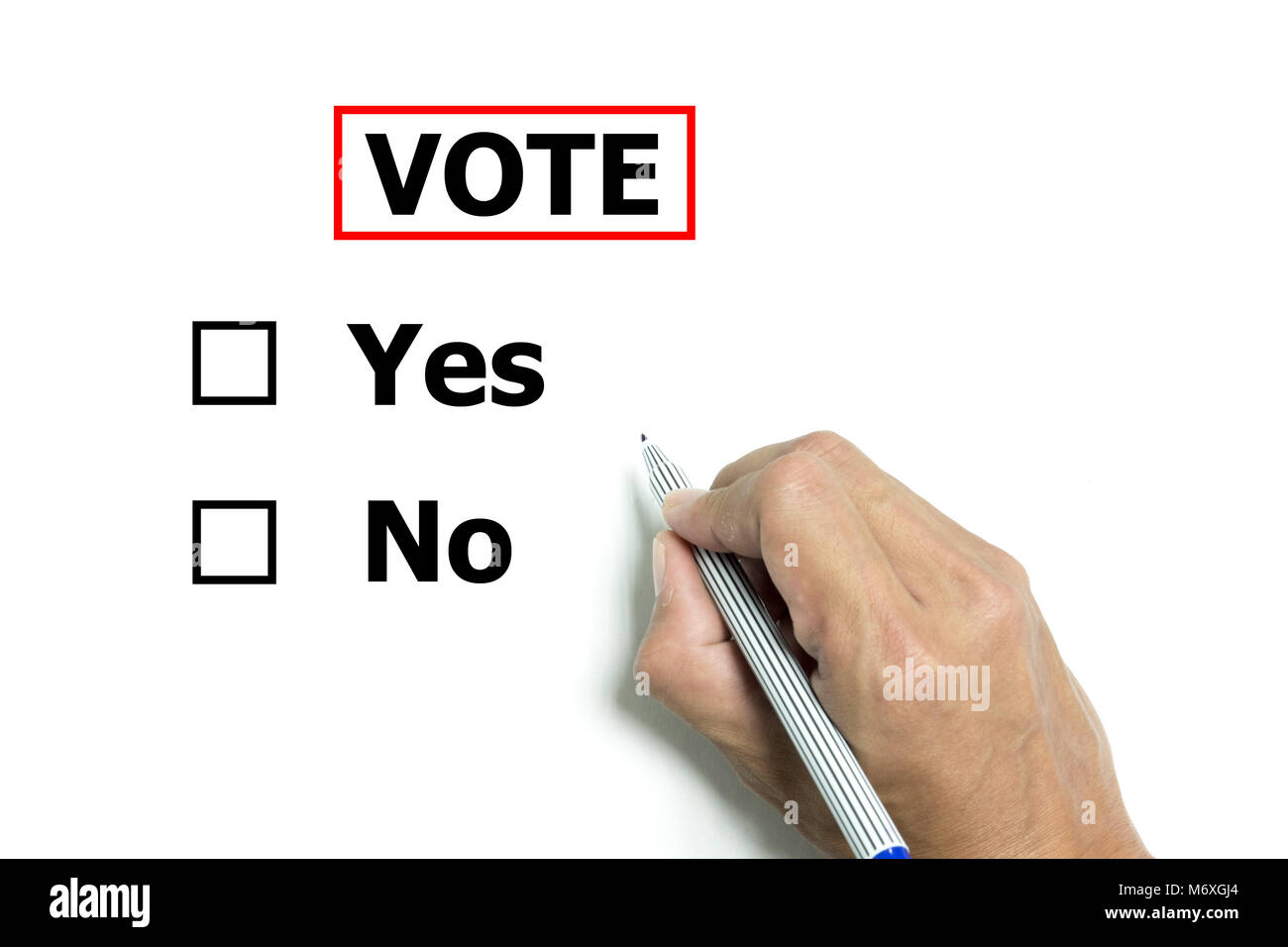 Isolated hand and pen to vote yes or no on white paper background Stock ...