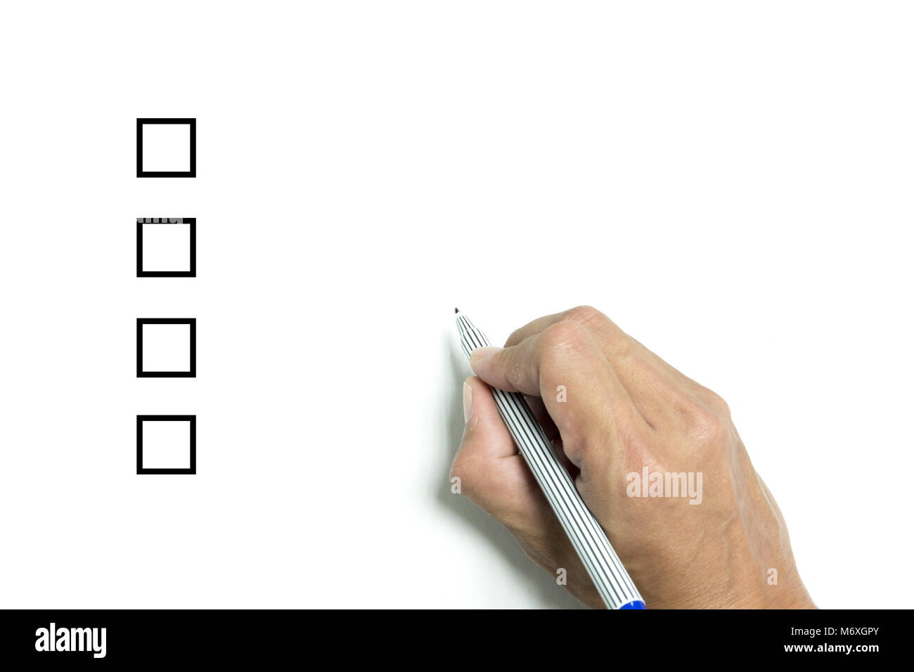 Isolated hand and pen and four choice to choose on white paper ...