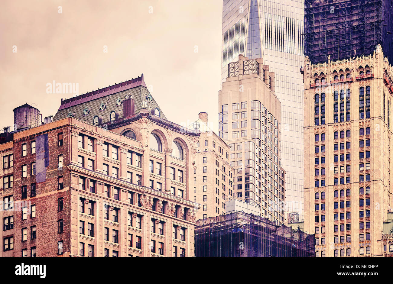 Retro stylized picture of old and modern buildings in New York City ...