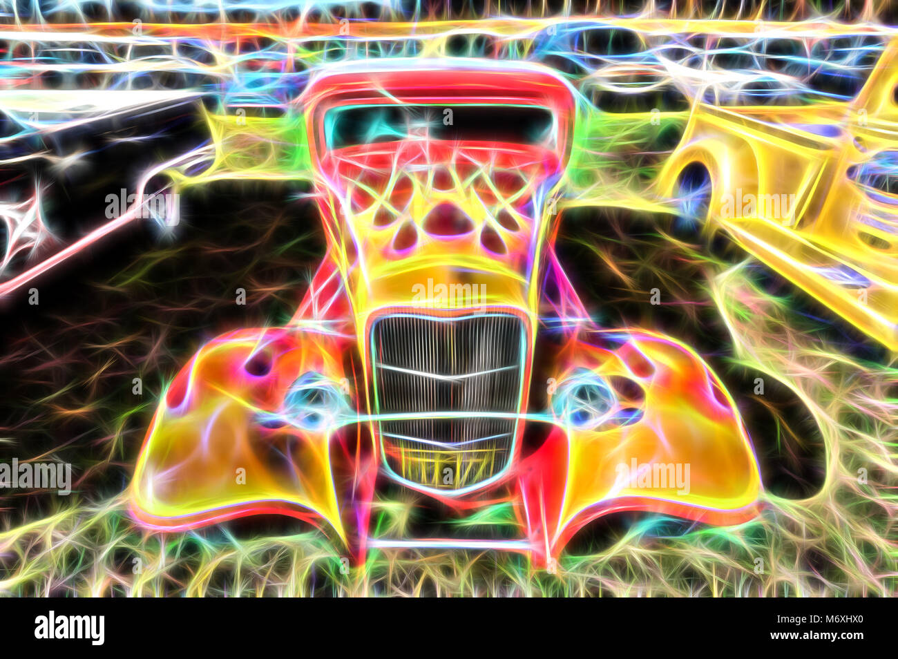 flaming hot rod vehicle with post process special effect Stock Photo ...