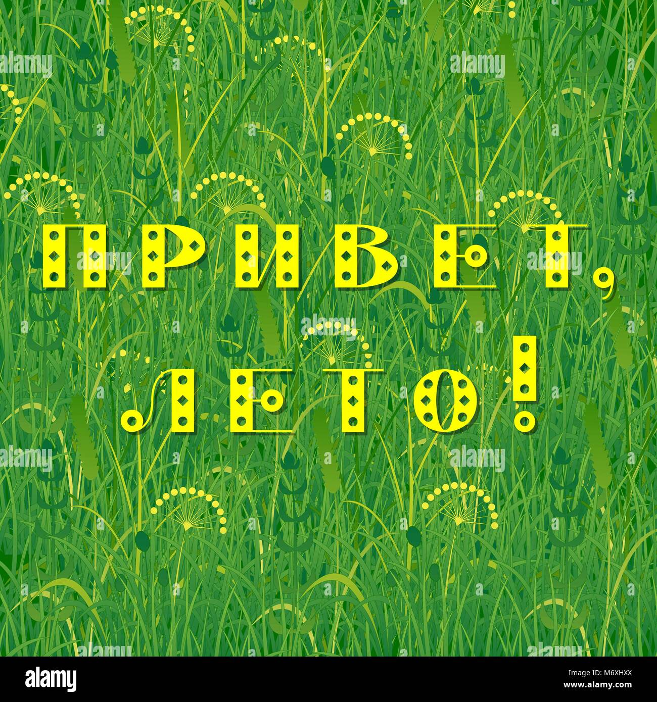 Background of grass. Text in Russian - Hello summer. Plants meadows and ...