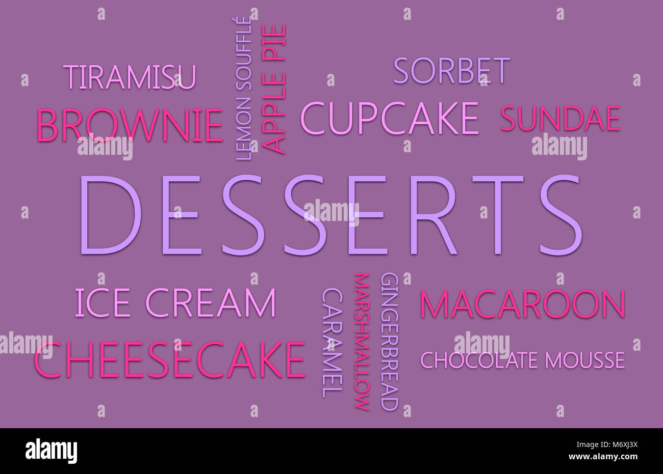 DESSERTS. Word cloud concept on purple background Stock Photo - Alamy