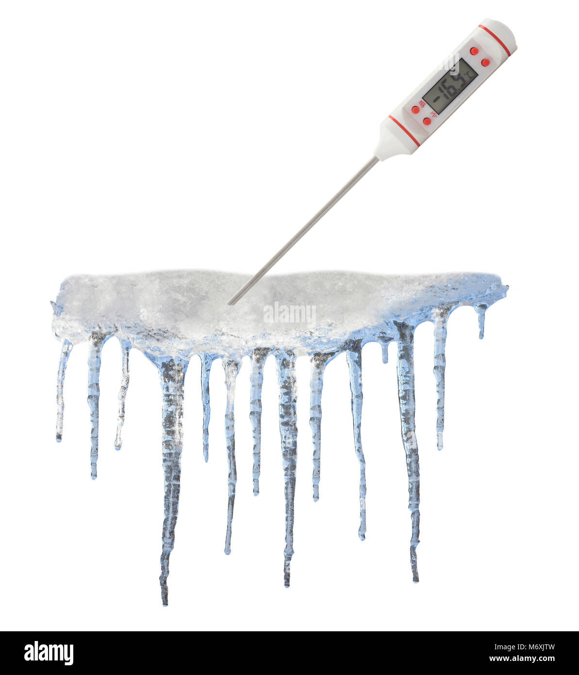 digital thermometer measuring temperature of snow or icicle made of ice ...