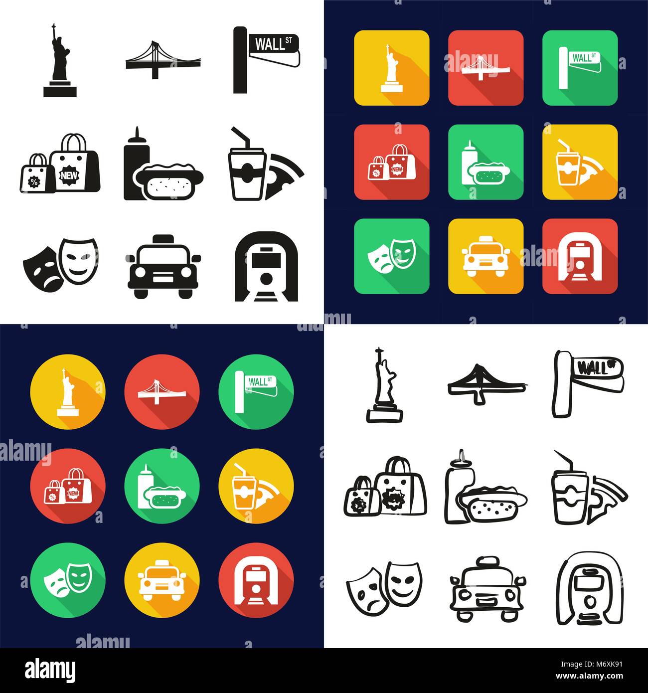 New York All in One Icons Black & White Color Flat Design Freehand Set Stock Vector Image & Art ...