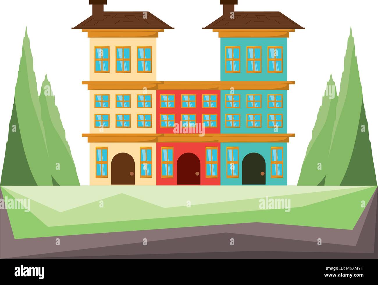 Residential houses surrounded by trees over white background, colorful ...