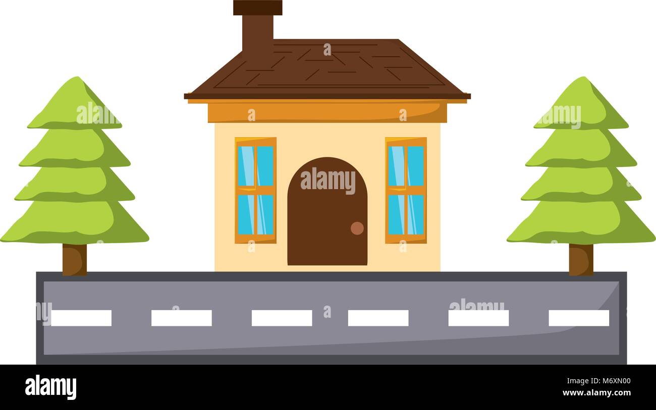 Road with House and trees over white background, colorful design ...