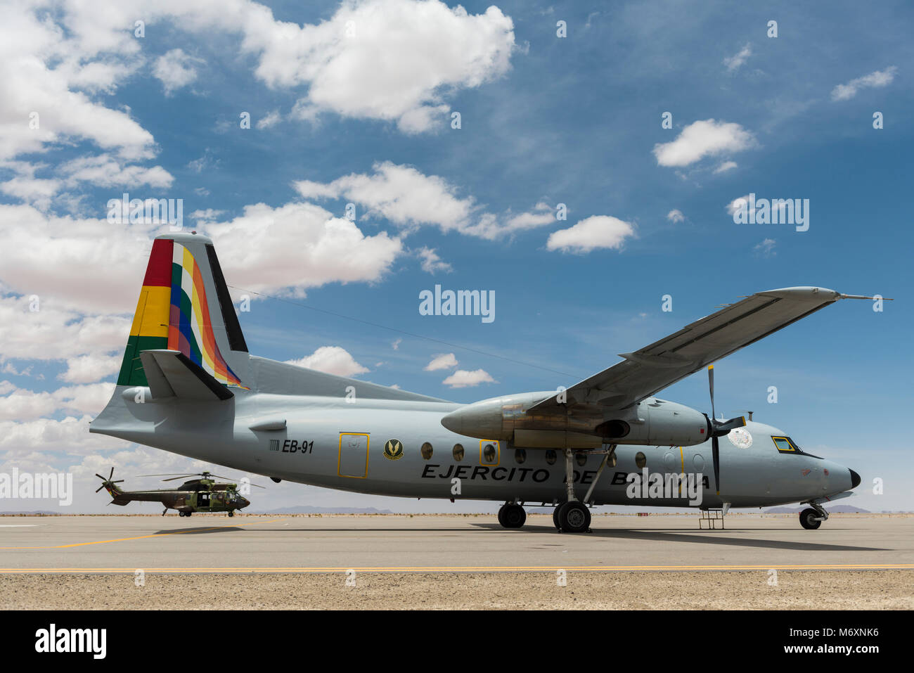EB-91 Fokker F27-200 Friendship aircraft at the apron of Uyuni airport ...