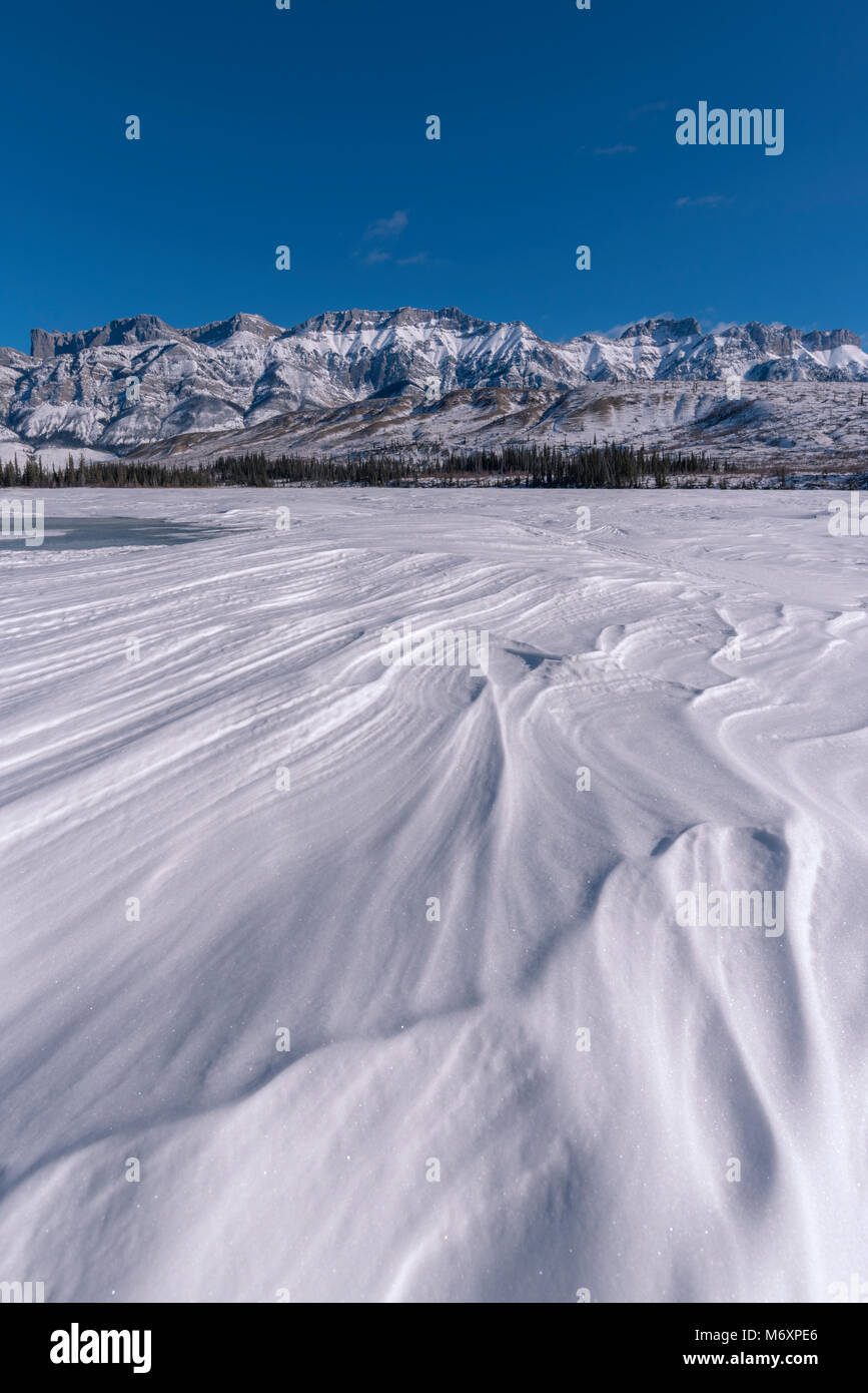 Winter landscape with snowy mountains, Talbot Lake, Jasper National ...