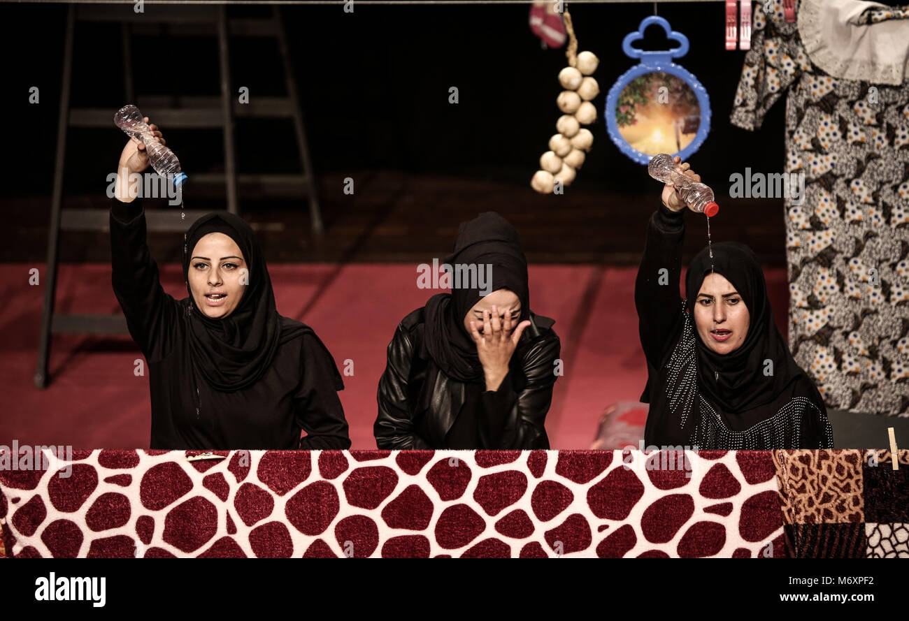 Gaza. 06th Mar, 2018. Three Palestinian women perform a play in Gaza ...