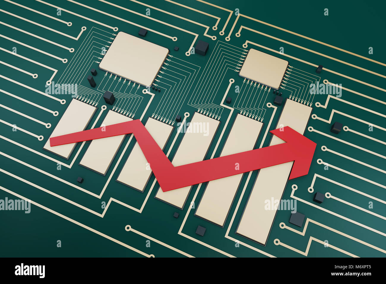 Arrow bar chart and circuit board, technology finance Stock Photo - Alamy