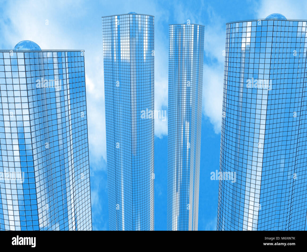 Four skyscrapers on a background of sky and clouds. 3D illustration ...