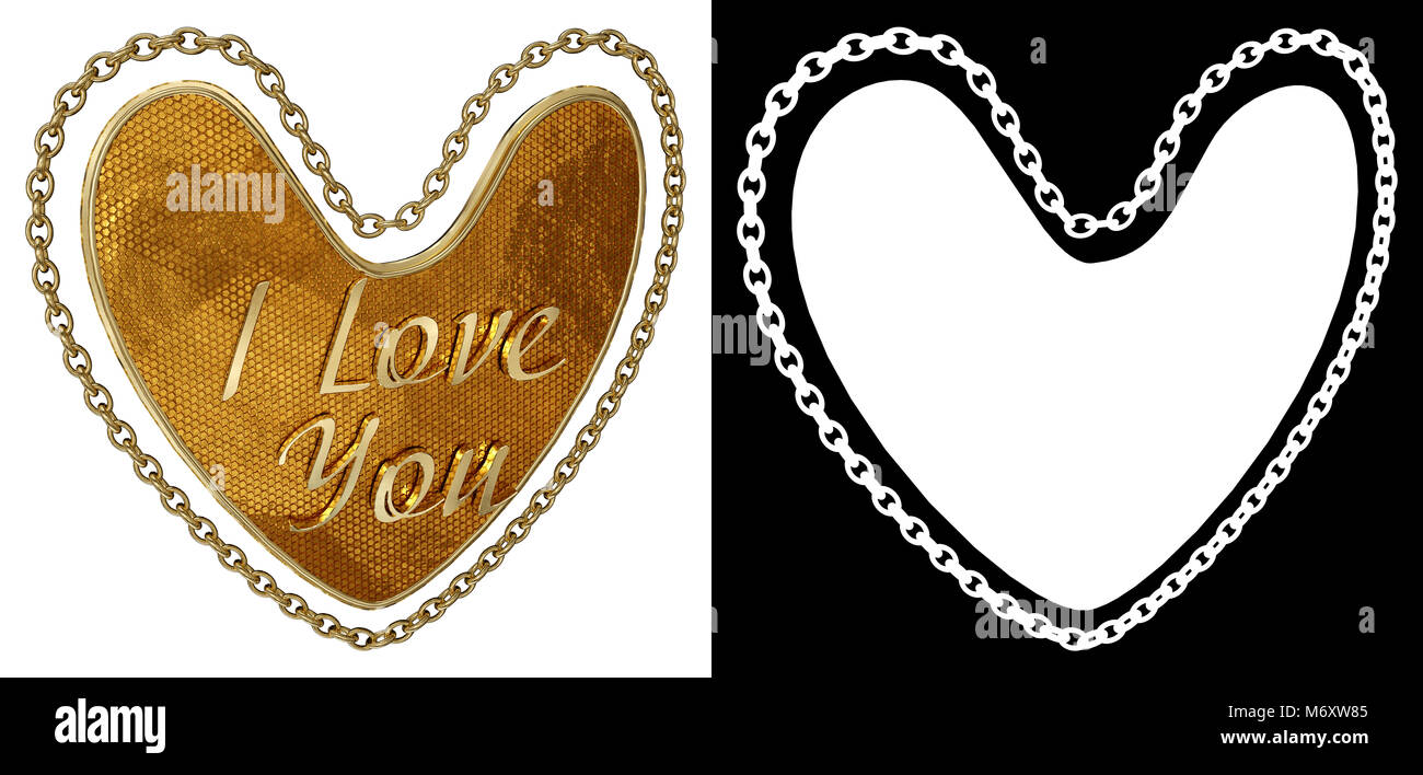 Gold chain in shape of heart on white background with alpha channel. 3D ...