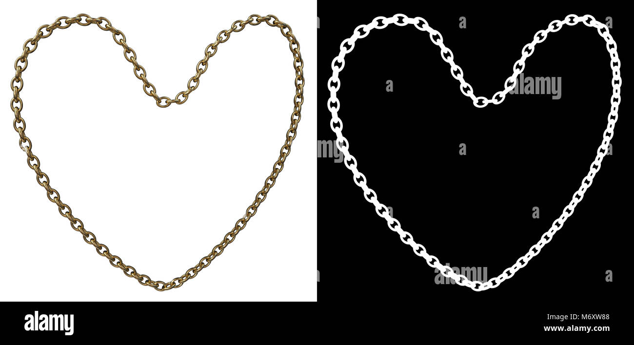 Gold chain in shape of heart on white background with alpha channel. 3D ...