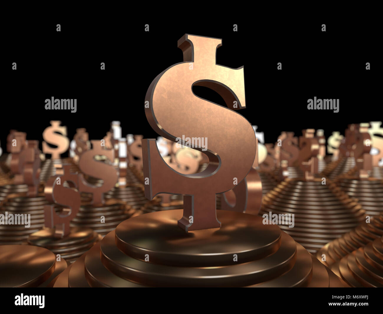 Bronze dollar symbol on the pyramid and a black background. 3D ...