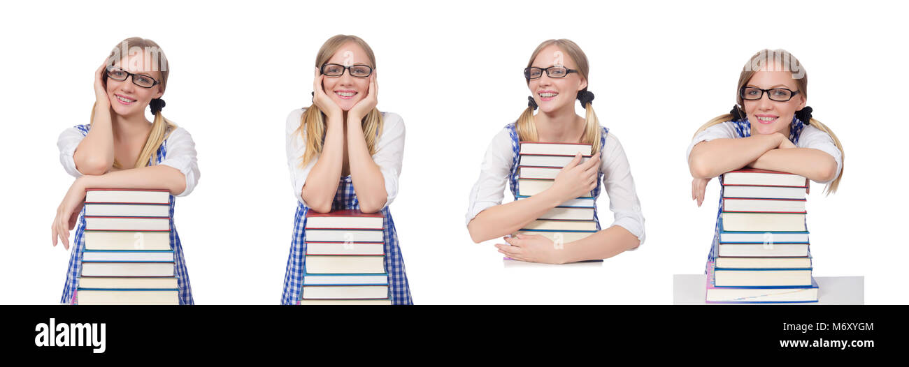 Funny student with stack of books Stock Photo - Alamy