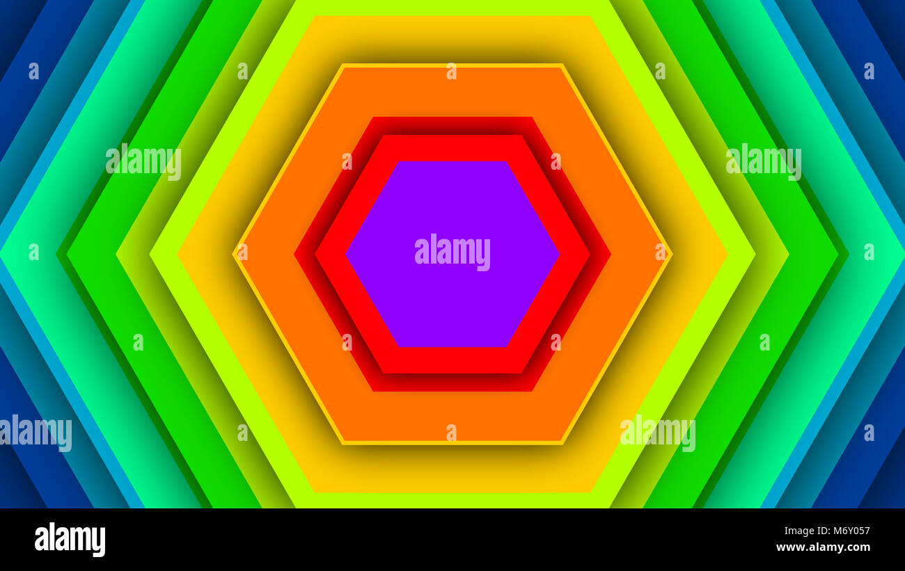 An amazing 3d illustration of multicolored rainbow hexagons inserted in each other. They are of ...