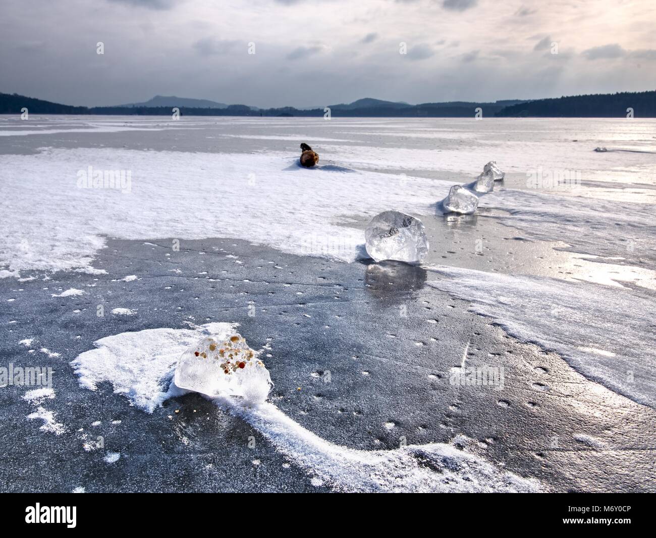 Shining shards of broken ice. Abstract still life of ice floes on lavel ...