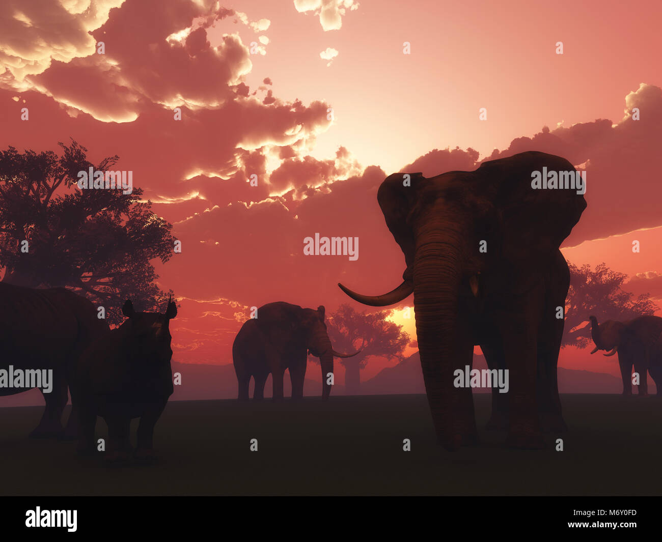 3D render of wild animals in a sunset landscape Stock Photo - Alamy