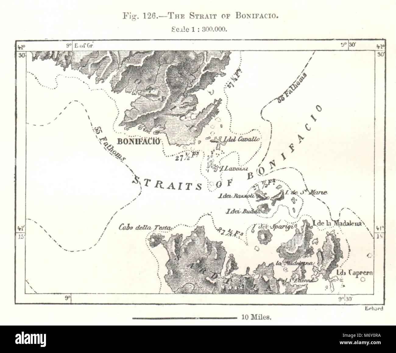 The Strait of Bonifacio. Corsica Sardinia. Sketch map 1885 old antique ...