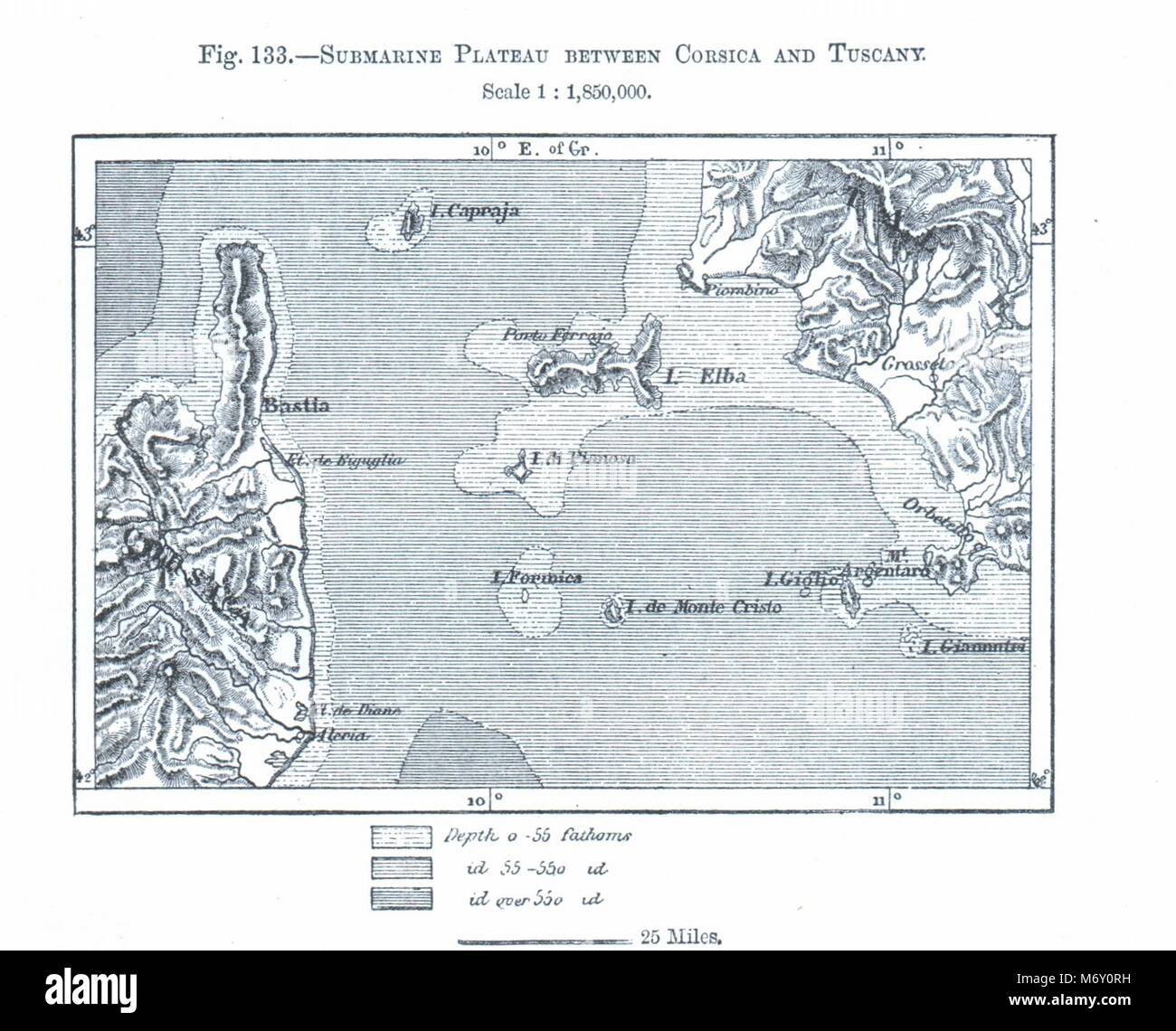 Submarine Plateau between Corsica and Tuscany. Elba. Italy. Sketch map ...