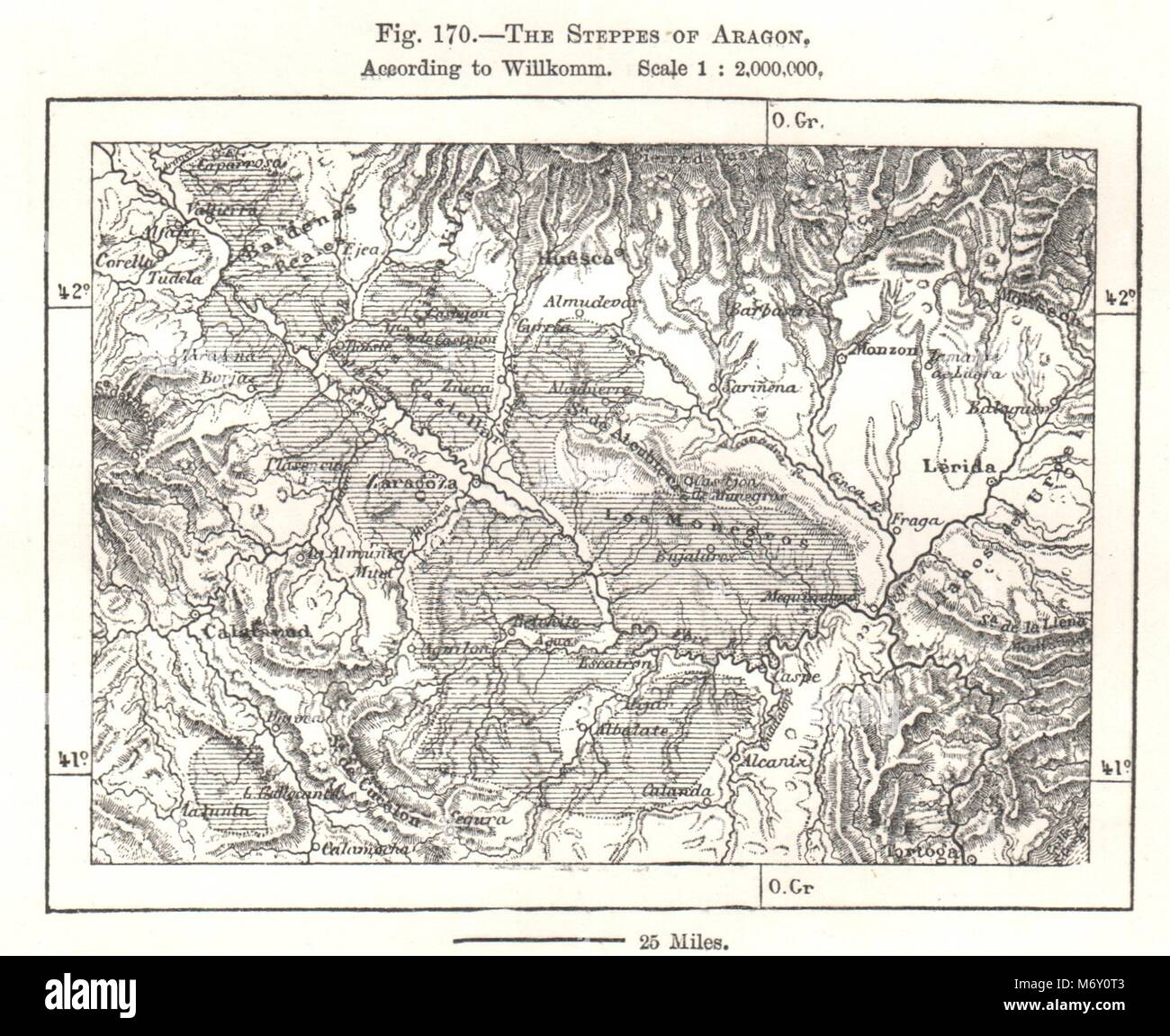 The Steppes of Aragon, per Willkomm. Zaragoza Lerida. Spain. Sketch map ...