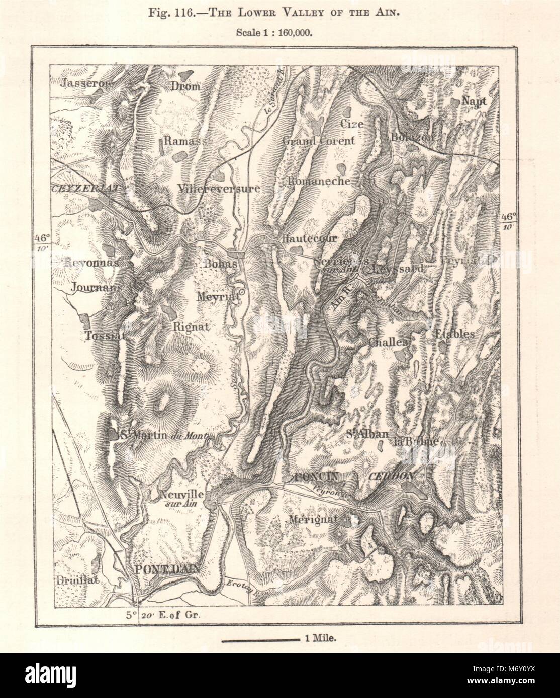 The Lower Valley of the Ain. Poncin. Sketch map 1885 old antique chart ...