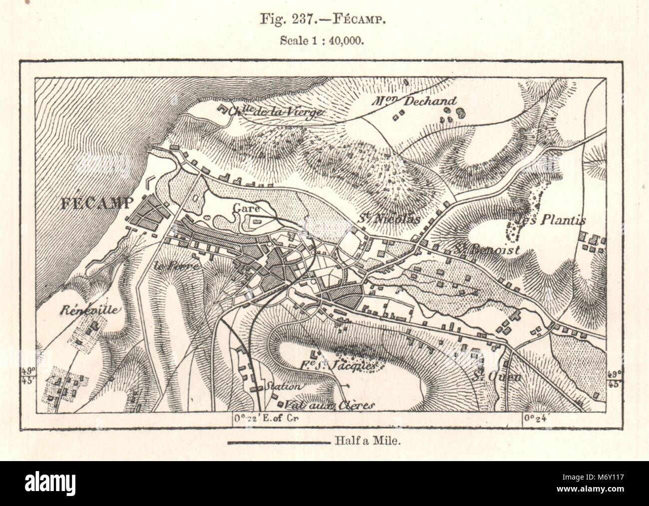 Fécamp town plan. Fecamp. Seine-Maritime. Sketch map 1885 old antique ...