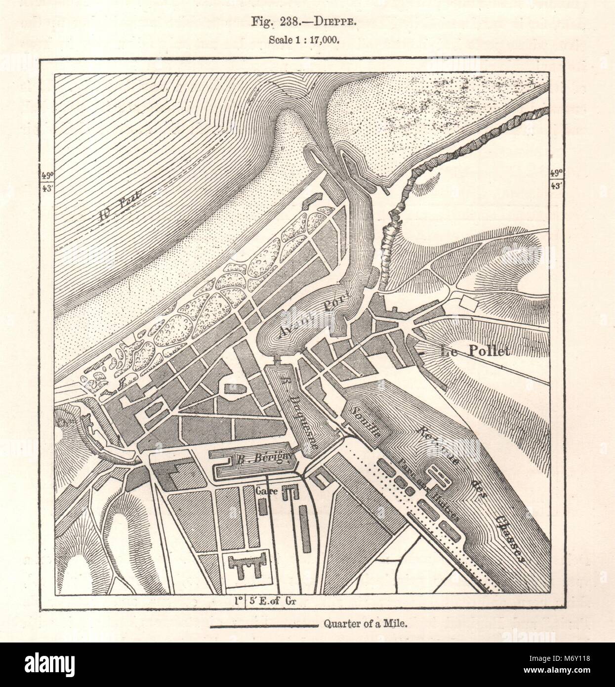 Dieppe town city plan. Seine-Maritime. Sketch map 1885 old antique ...