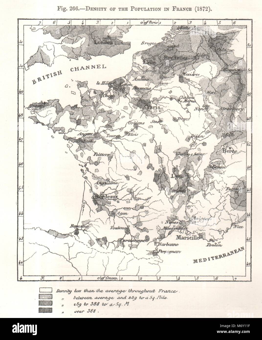 Density of the Population in France (1872). Sketch map 1885 old antique ...
