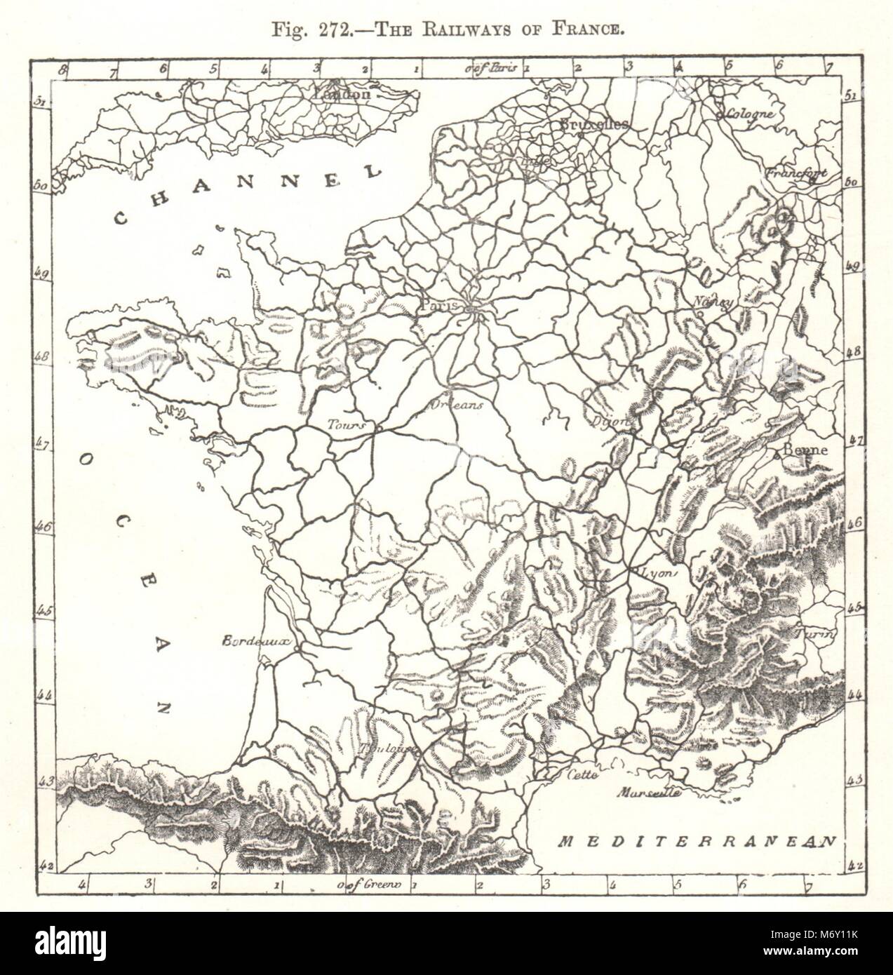 The Railways of France. Sketch map 1885 old antique vintage plan chart ...