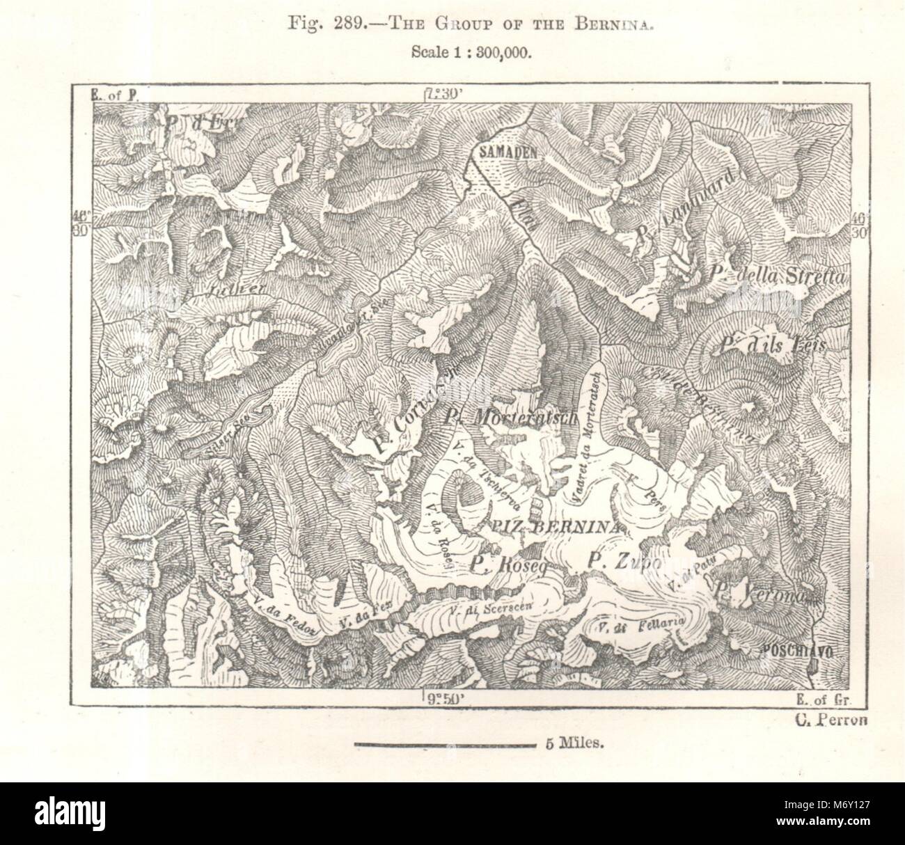 The Group of the Bernina. Switzerland. Sketch map 1885 old antique ...