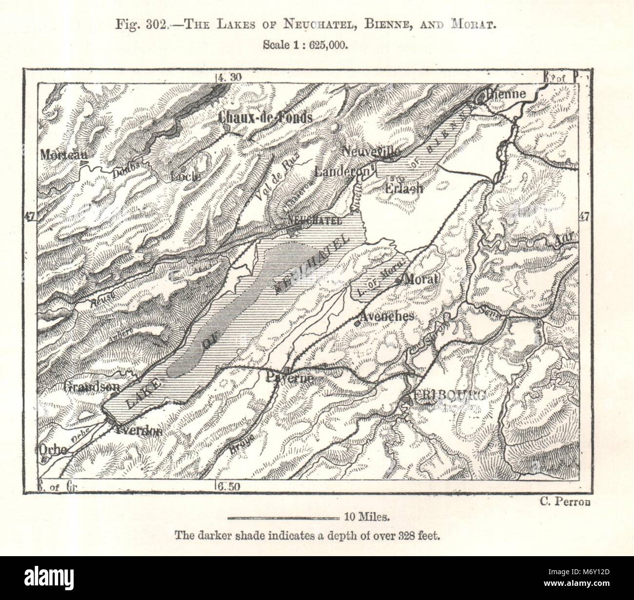 The Lakes of Neuchatel, Bienne, and Morat. Switzerland. Sketch map 1885 ...