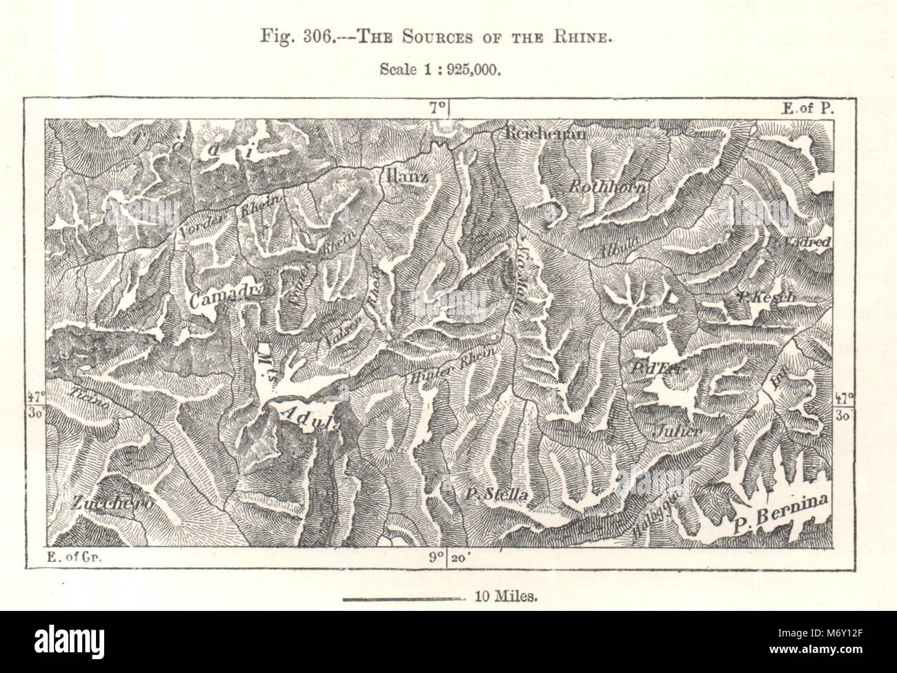 The Sources of the Rhine. Switzerland. Sketch map 1885 old antique ...