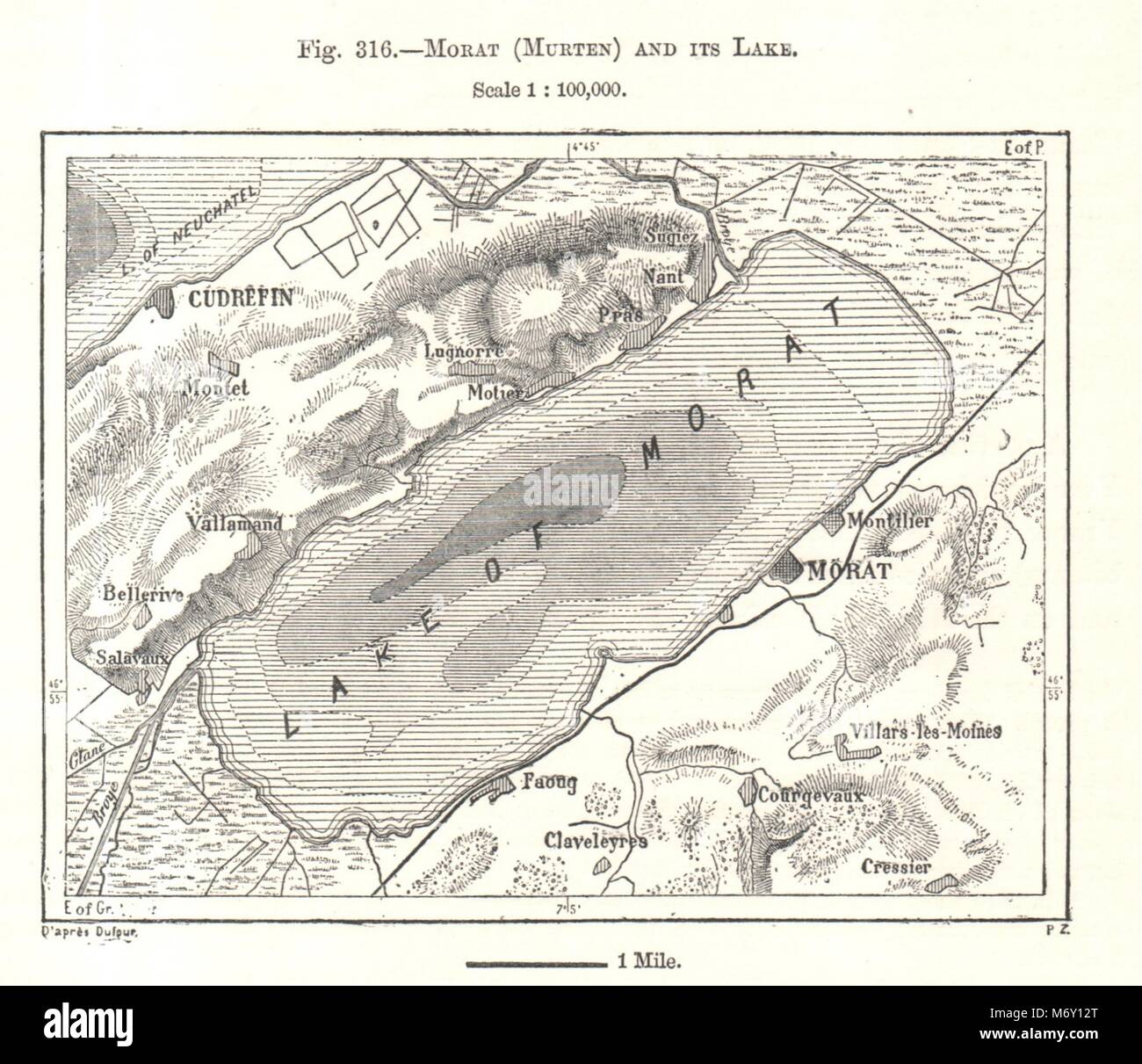 Morat (Murten) and its Lake. Murtensee. Switzerland. Sketch map 1885 ...