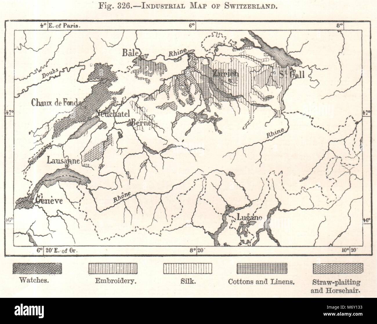Industrial Map of Switzerland. Watches Silk Embroidery. Sketch map 1885 ...