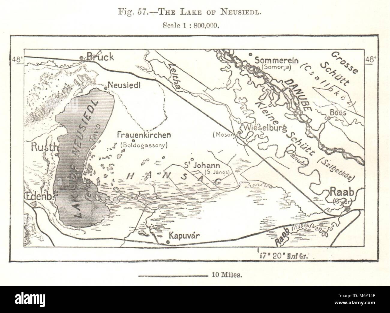 The Lake of Neusiedl. Gyor Raab. Austria. Sketch map 1885 old antique ...