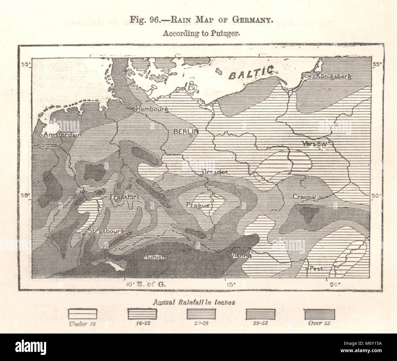 Rain Map of Germany according to Putzger. Sketch map 1885 old antique ...