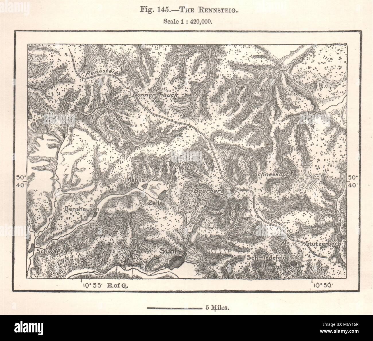 The Rennsteig. Suhl. Germany. Sketch map 1885 old antique plan chart ...