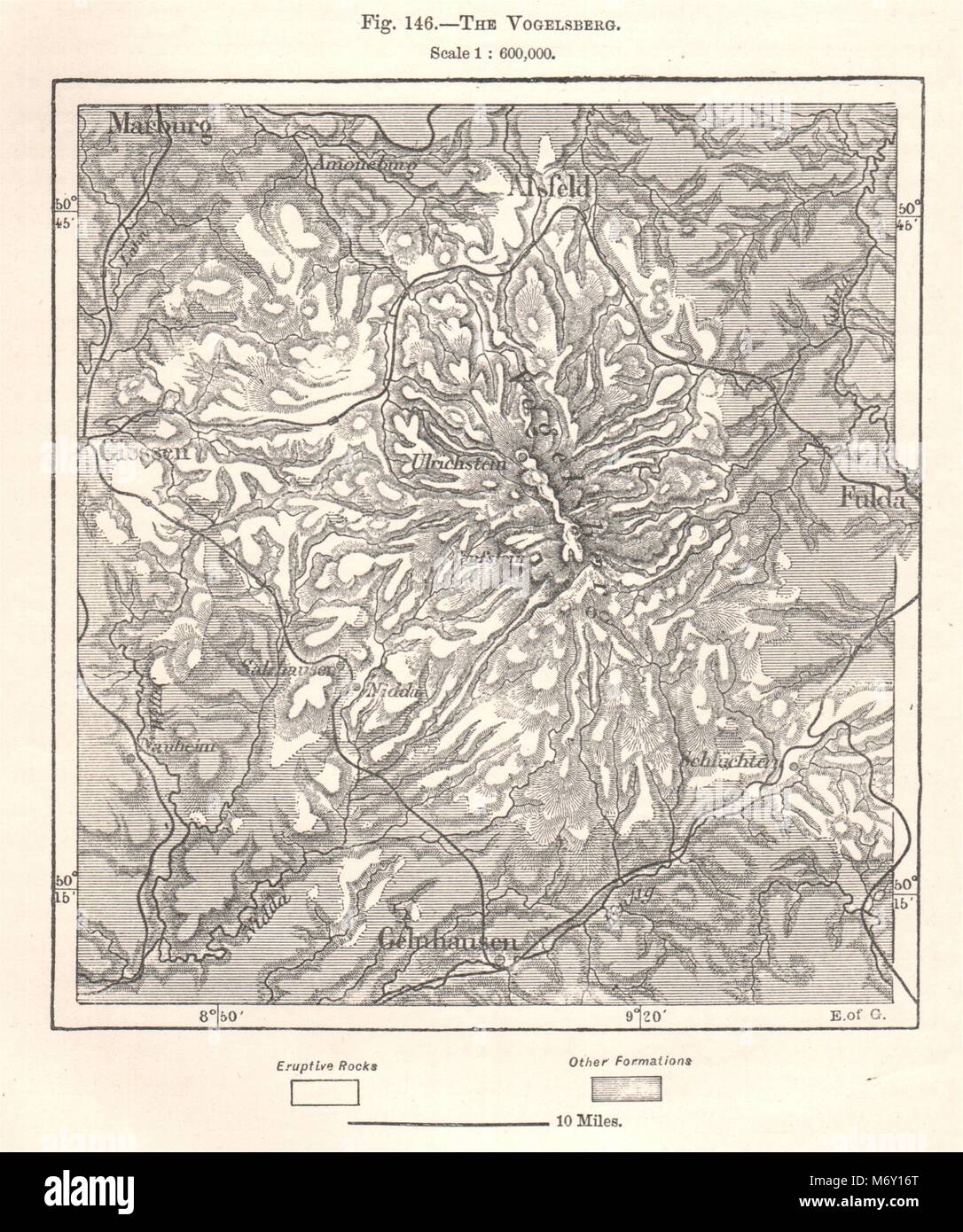 The Vogelsberg. Alsfeld. Fulda. Germany. Sketch map 1885 old antique ...